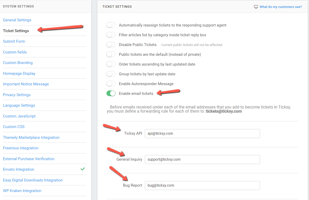 The attached email address will be displayed next to each category inside the categories setup page